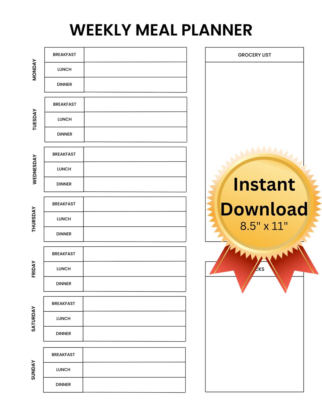 Weekly Meal Planner - Grocery List - Digital Download - Printable PDF ...