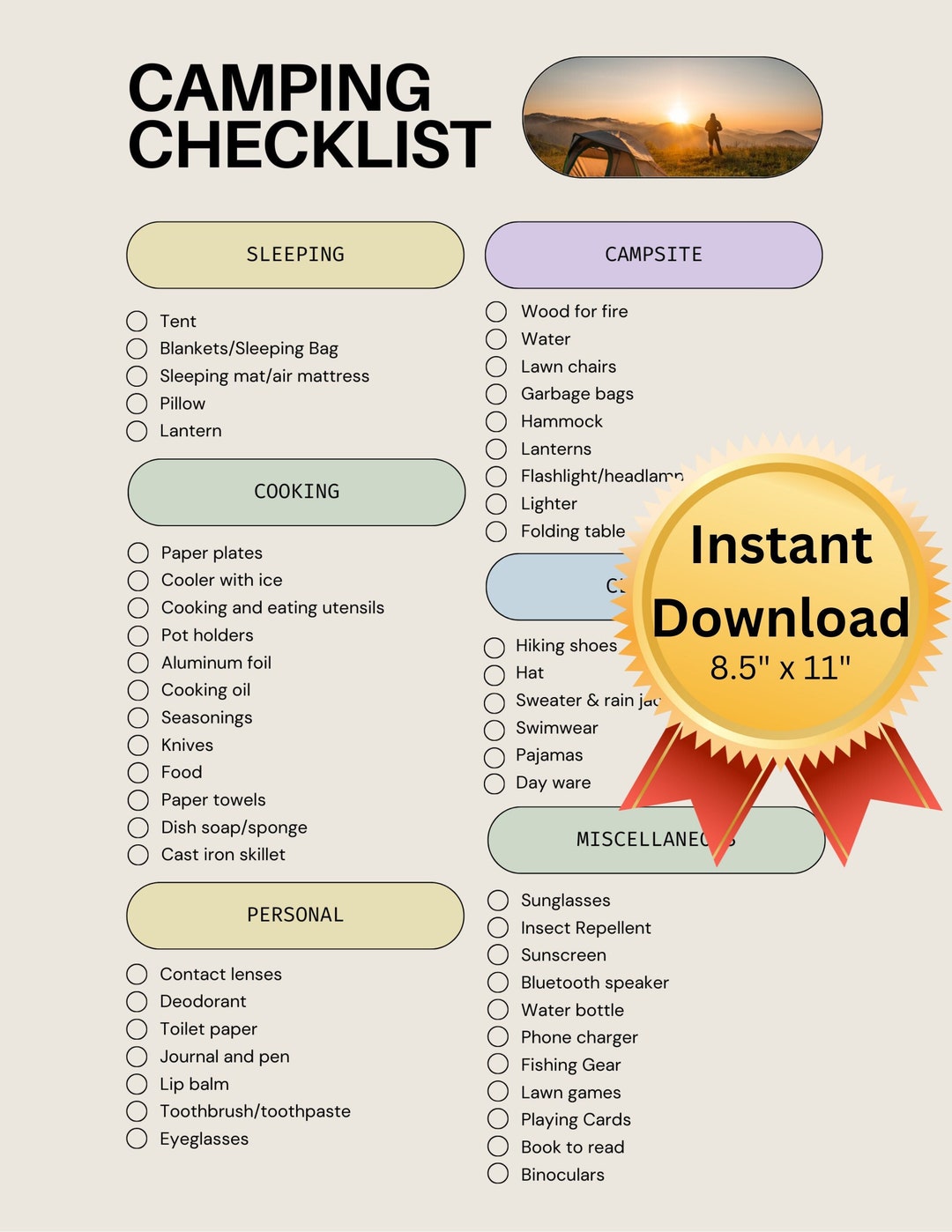 Camping Checklist | Packing List | Digital Download | Printable PDF - Etsy