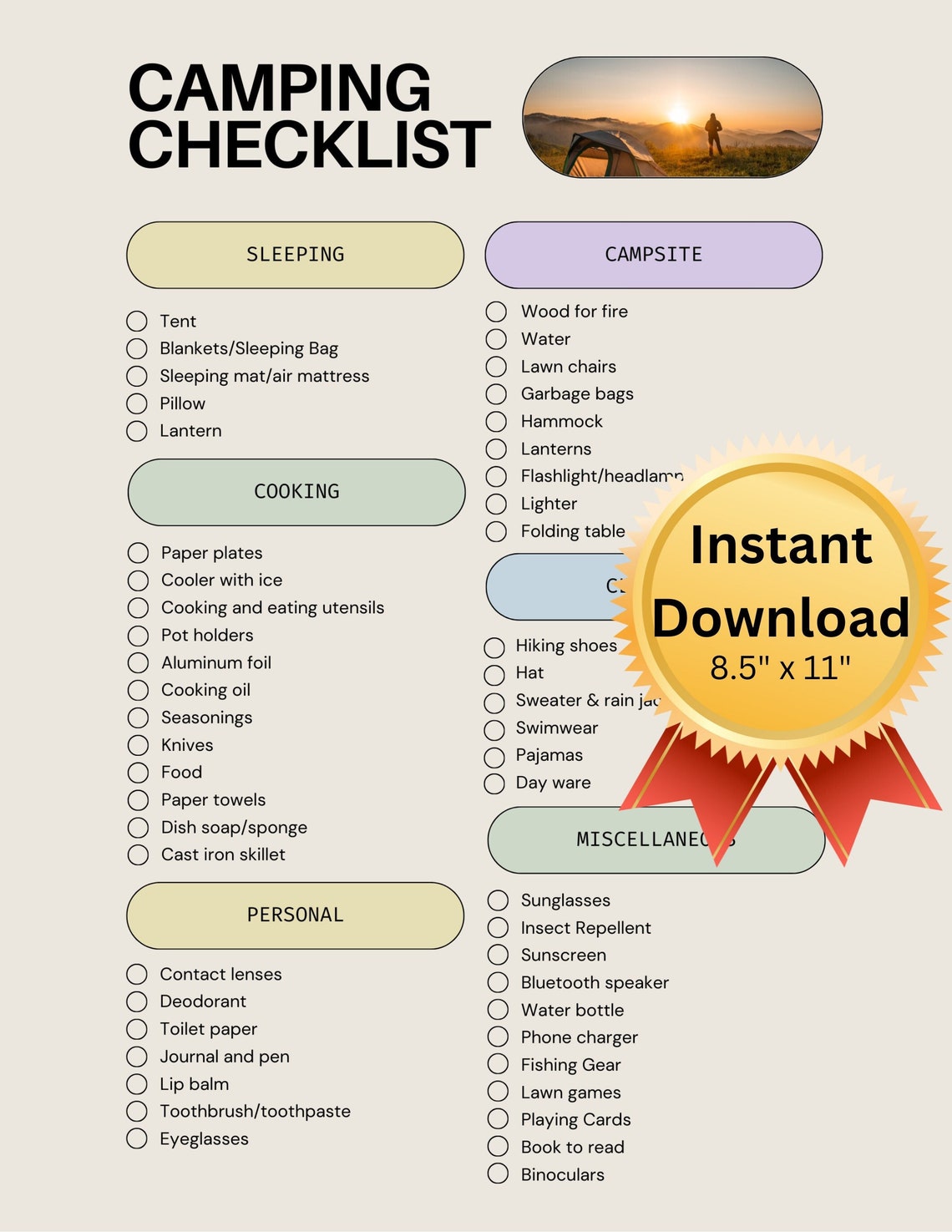 Camping Checklist | Packing List | Digital Download | Printable PDF - Etsy