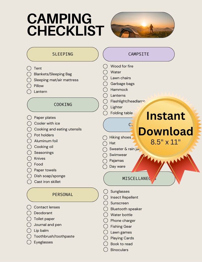 Camping Checklist | Packing List | Digital Download | Printable PDF - Etsy