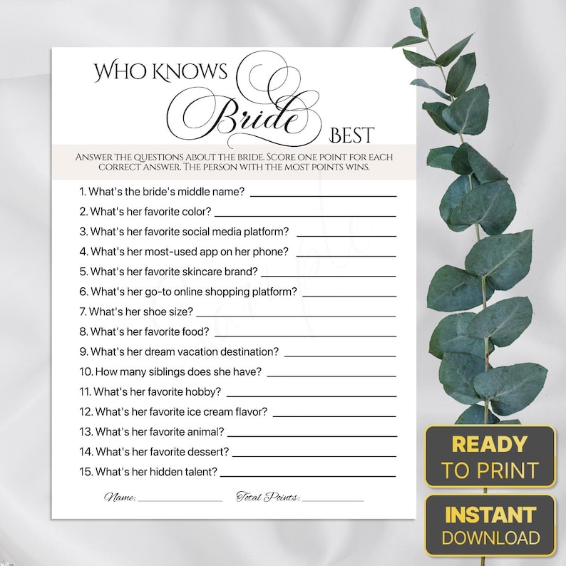 Bridal Shower Games Printable Bridal Shower Game Who Knows the Bride ...