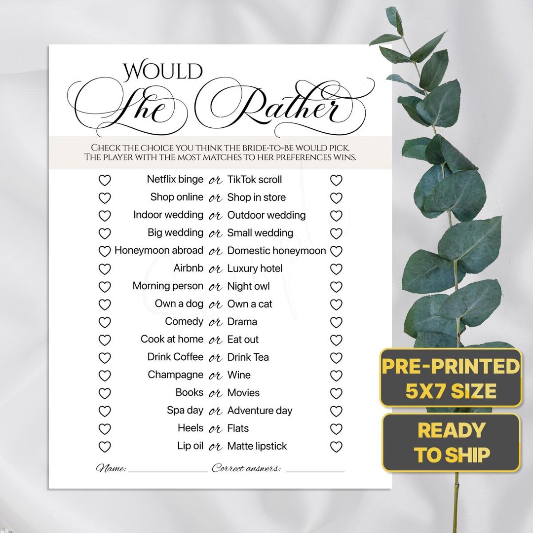 Printed Bridal Shower Game Printed Bridal Shower Would She Rather Game ...