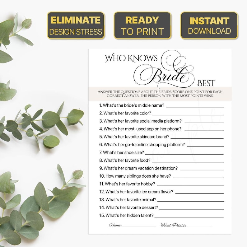Who Knows the Bride Best Game Minimalist Wedding Shower Games Printable ...