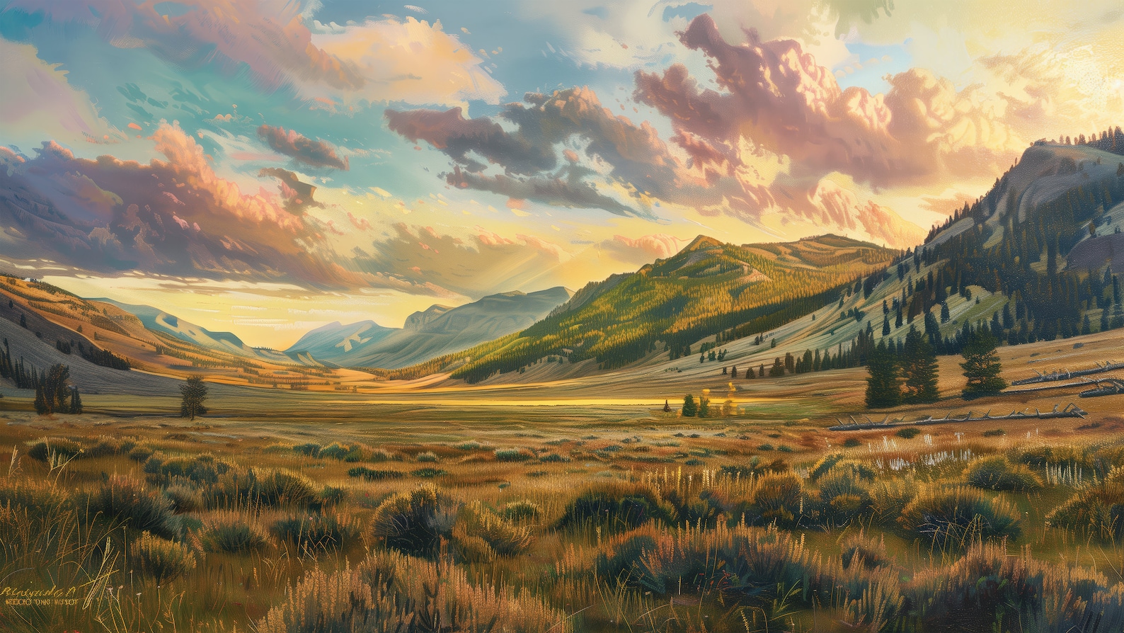 Yellowstone Lamar Valley Oil Painting Print | Warm Sunlight Landscape ...