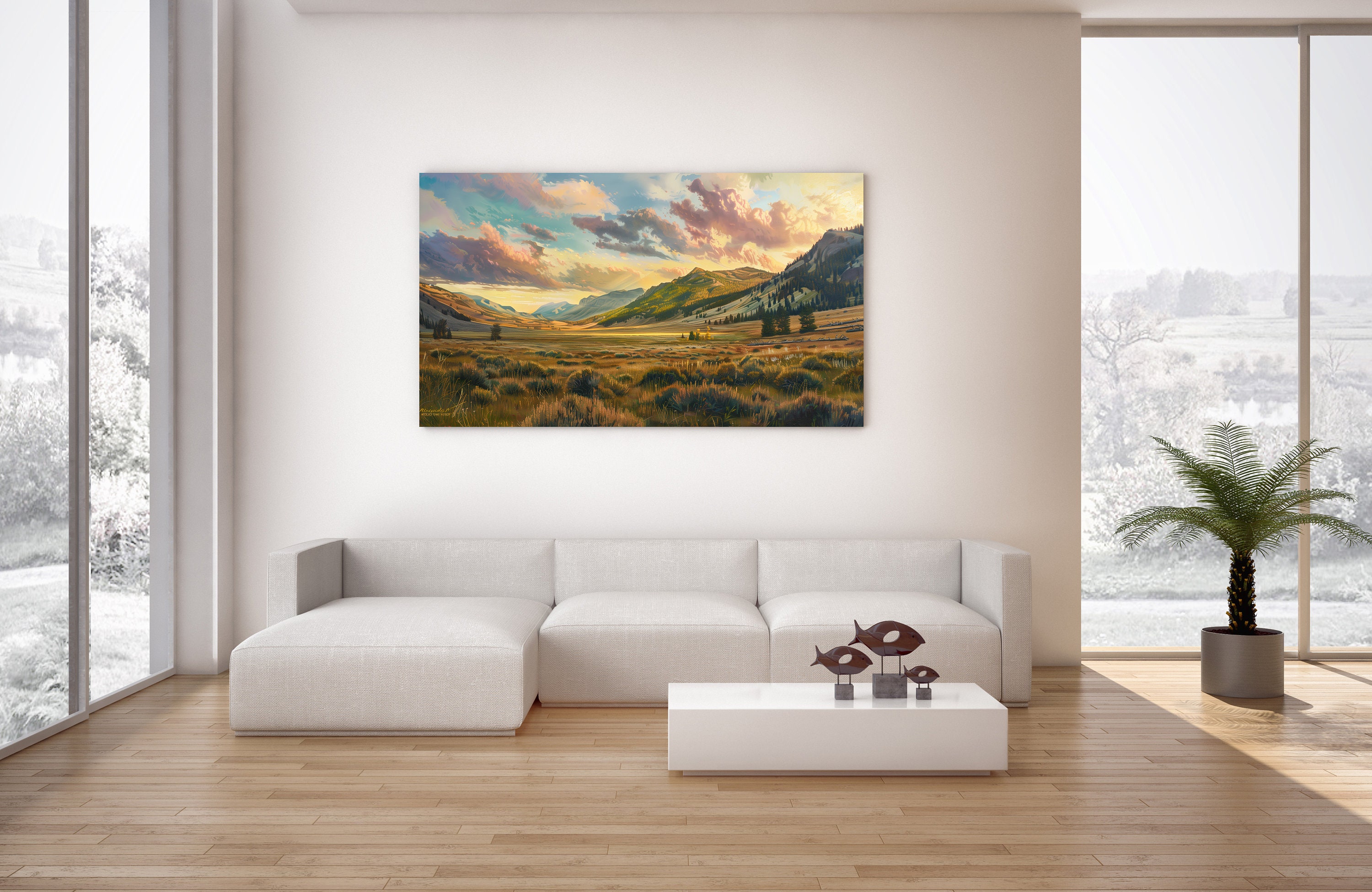 Yellowstone Lamar Valley Oil Painting Print | Warm Sunlight Landscape ...