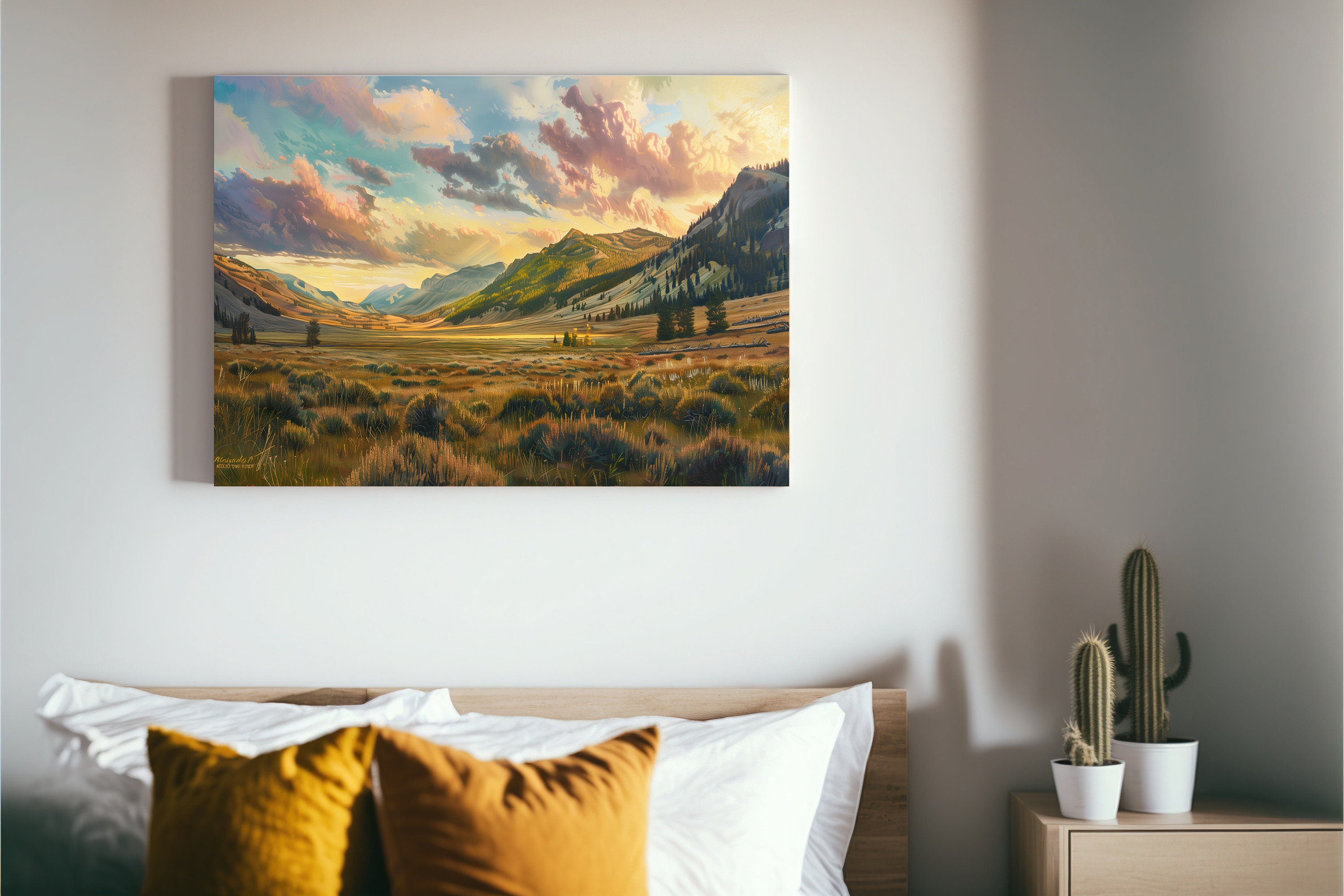 Yellowstone Lamar Valley Oil Painting Print | Warm Sunlight Landscape ...