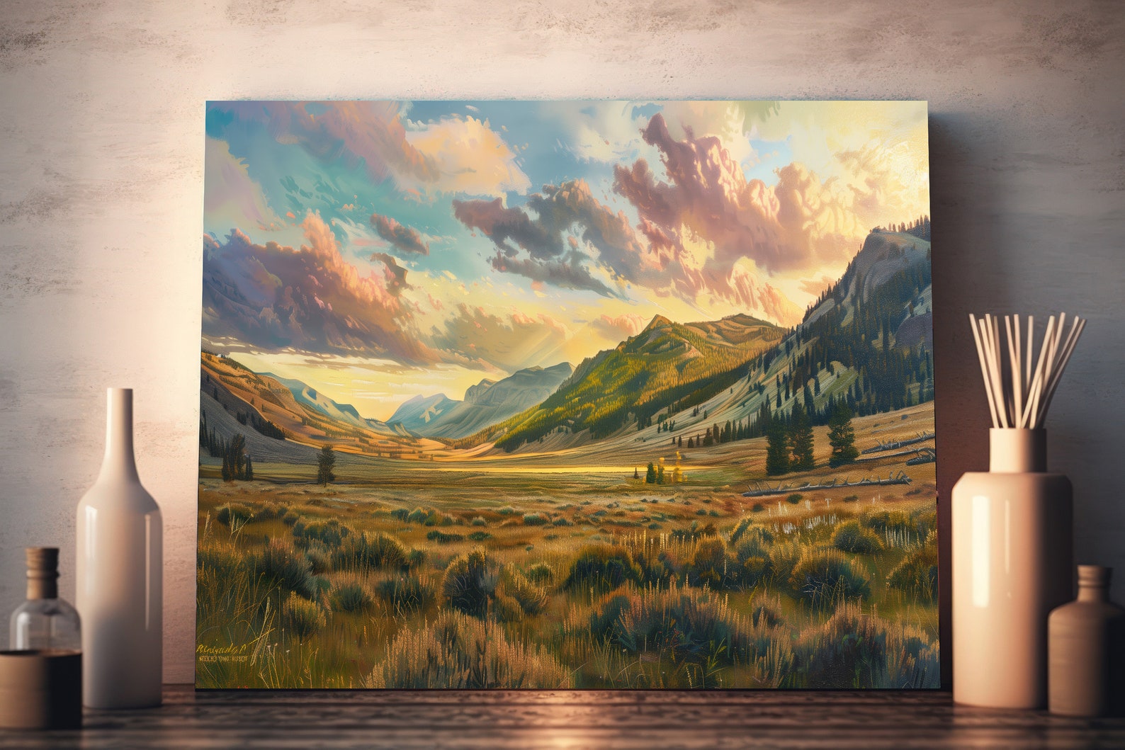 Yellowstone Lamar Valley Oil Painting Print | Warm Sunlight Landscape ...