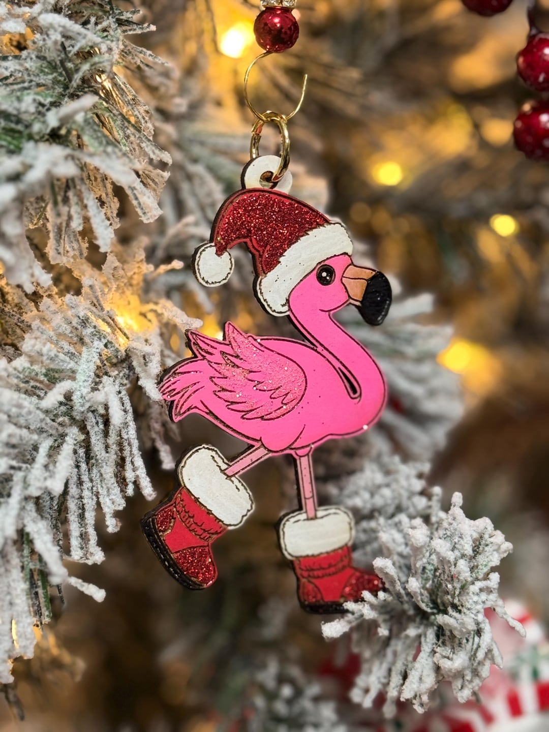Hand-painted Wooden Flamingo Christmas Ornament: Santa Hat Holiday ...