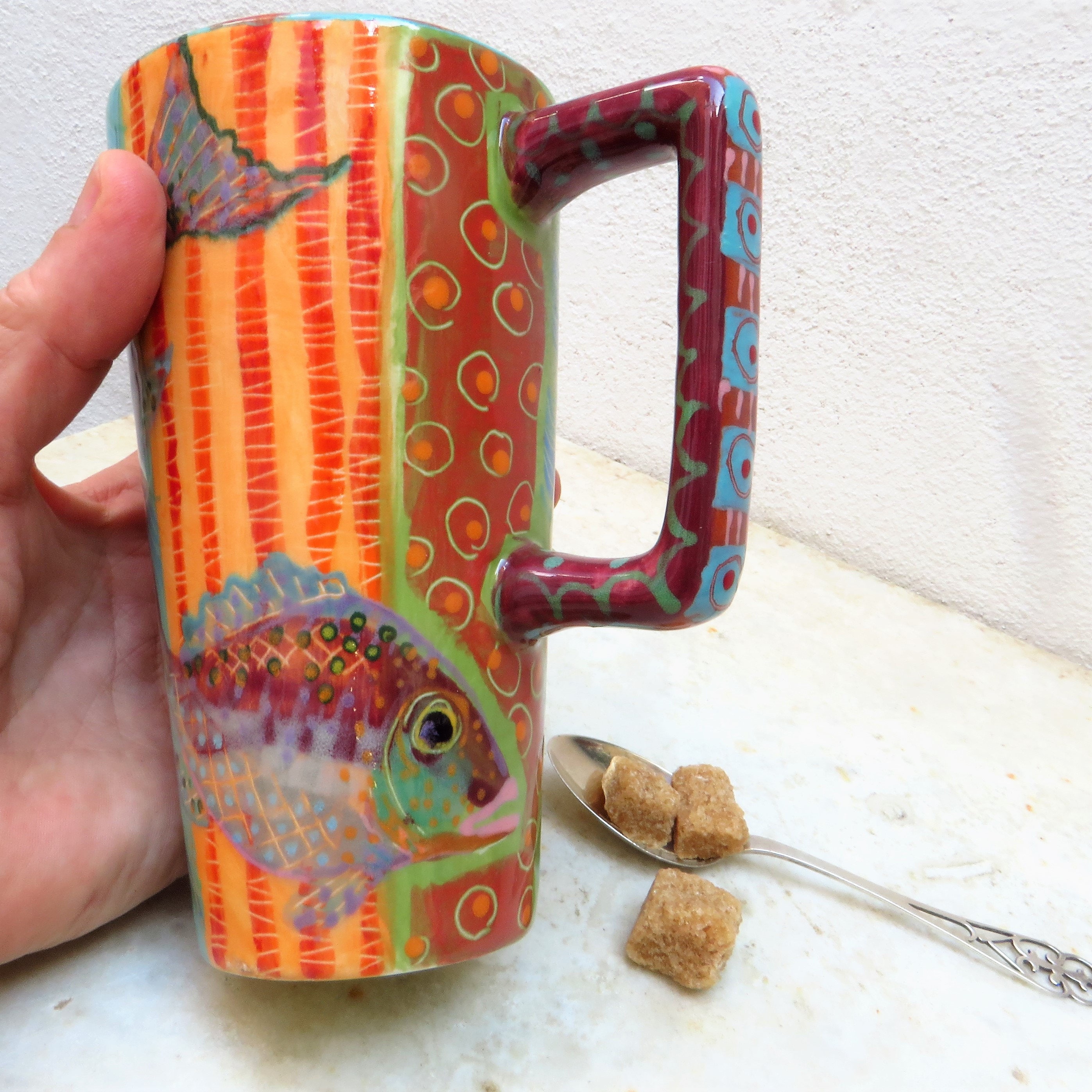 Mug Bright Hand Painted Ceramic Tall Fish Travel Mug | Etsy