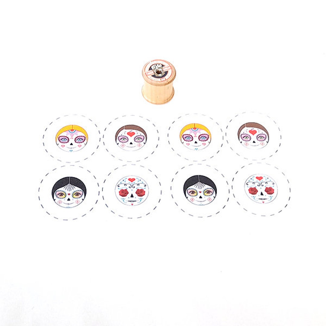Tiny Day of the Dead Girls Faces Fabric Panel for Covered Button Making ...