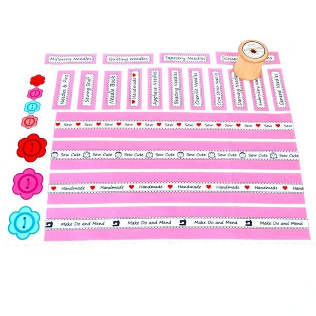 Needle Labels for Needle Books, Pink Sewing Themed Printed Fabric Panel ...