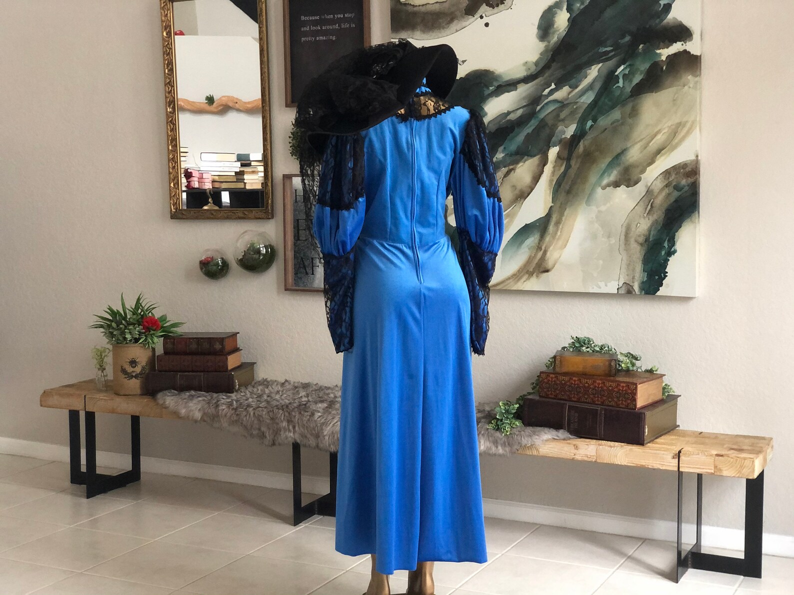 Bridgerton Style Dress: Blue Velvet Regency Gown With Black Lace, Size ...