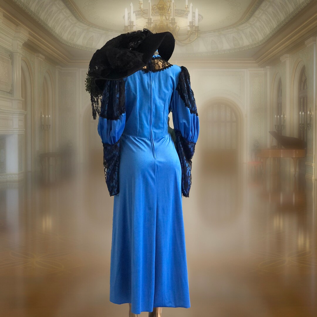 Bridgerton Style Dress: Blue Velvet Regency Gown With Black Lace, Size ...