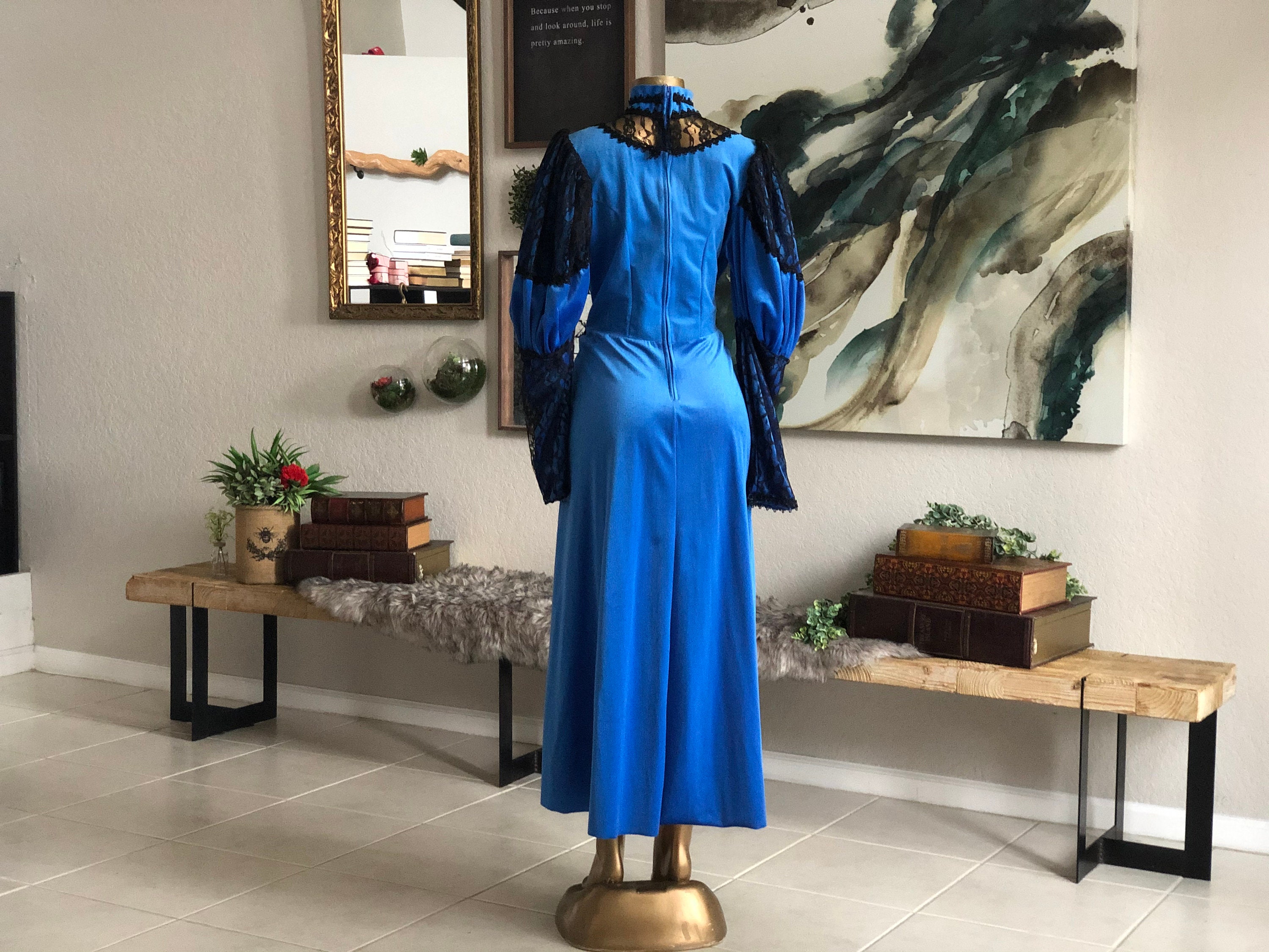 Bridgerton Style Dress: Blue Velvet Regency Gown With Black Lace, Size ...