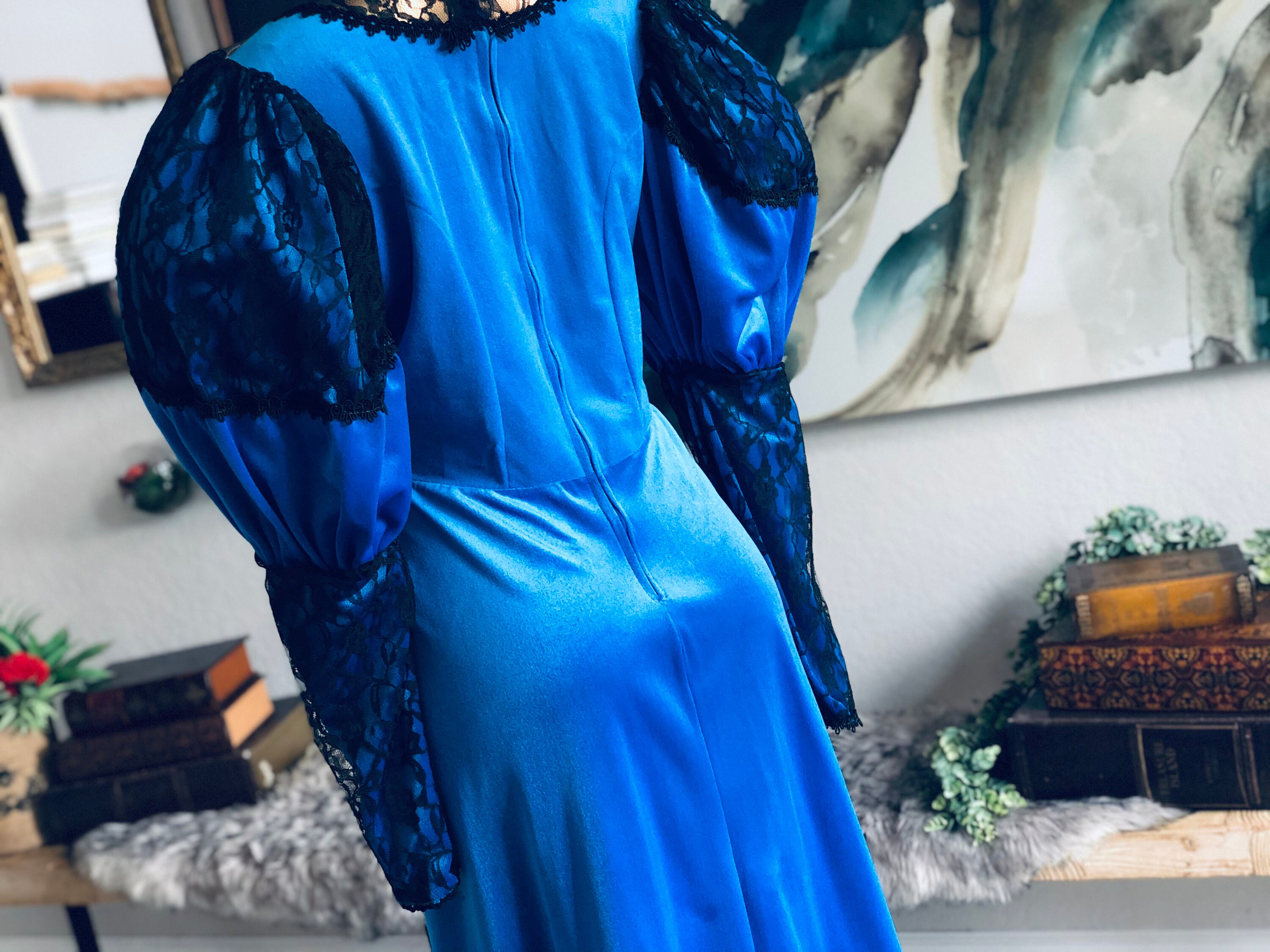 Bridgerton Style Dress: Blue Velvet Regency Gown With Black Lace, Size ...