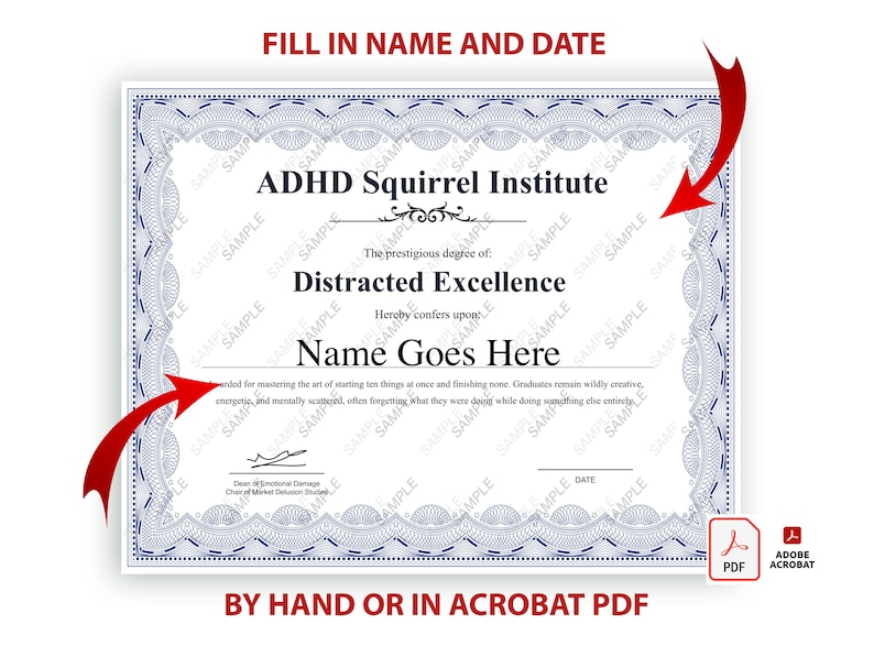 ADHD Funny Diploma Certificate | Distracted Excellence Award | Editable ...