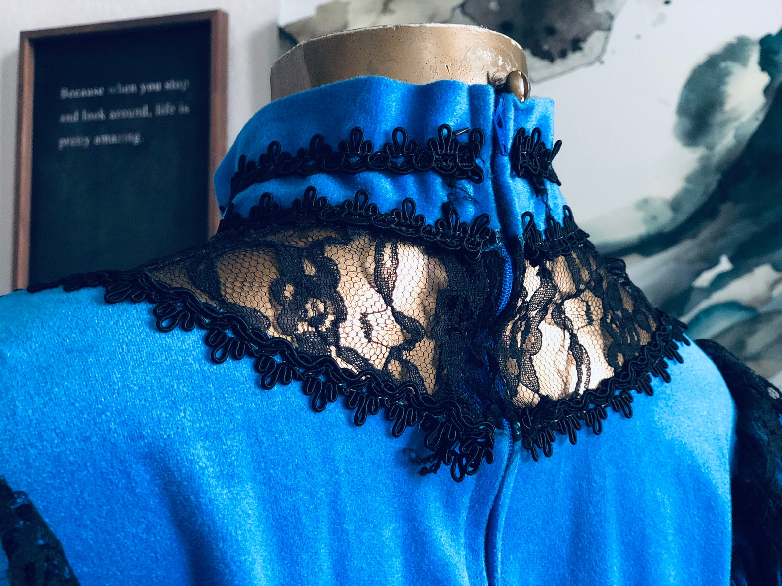 Bridgerton Style Dress: Blue Velvet Regency Gown With Black Lace, Size ...