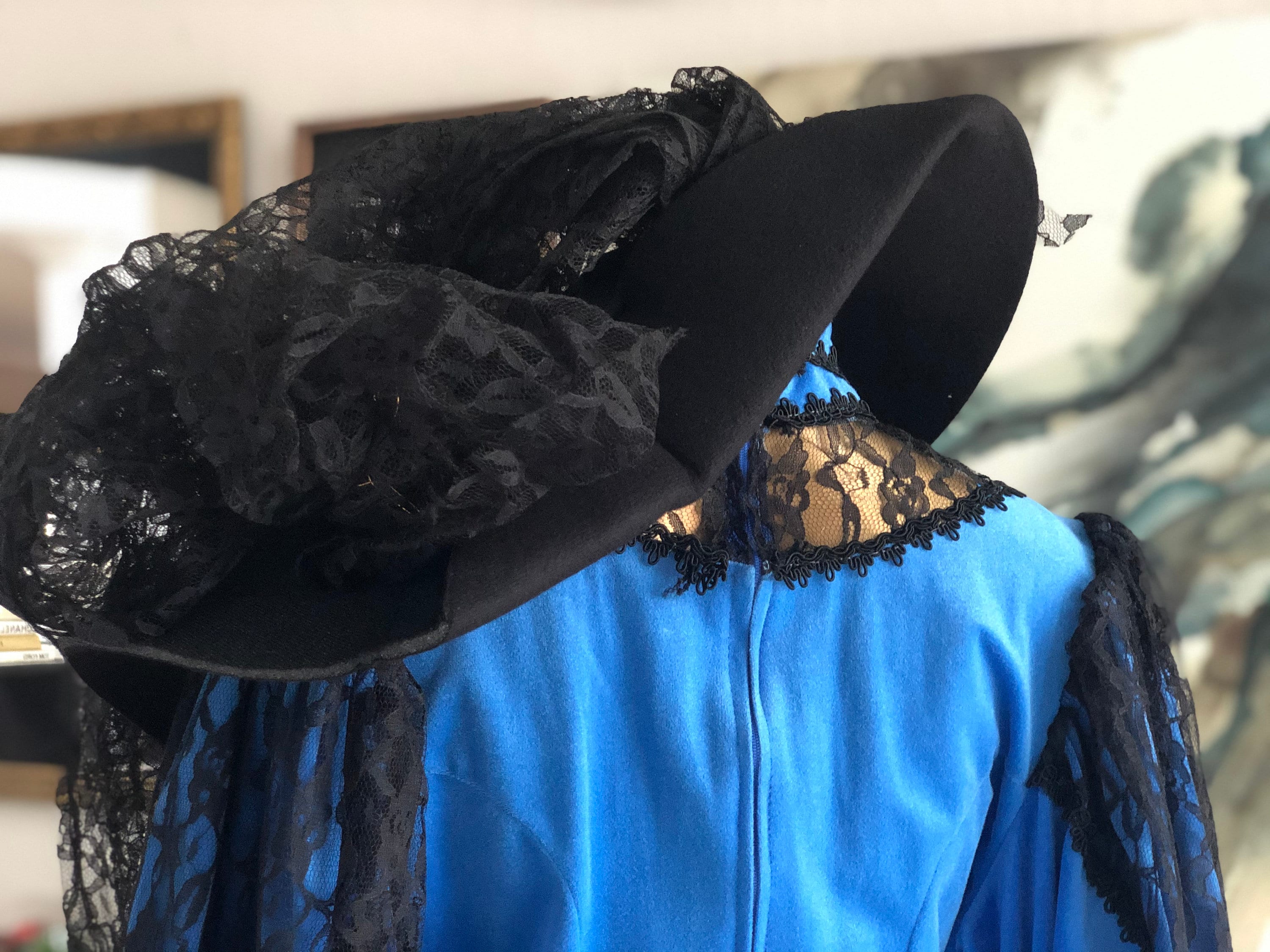 Bridgerton Style Dress: Blue Velvet Regency Gown With Black Lace, Size ...