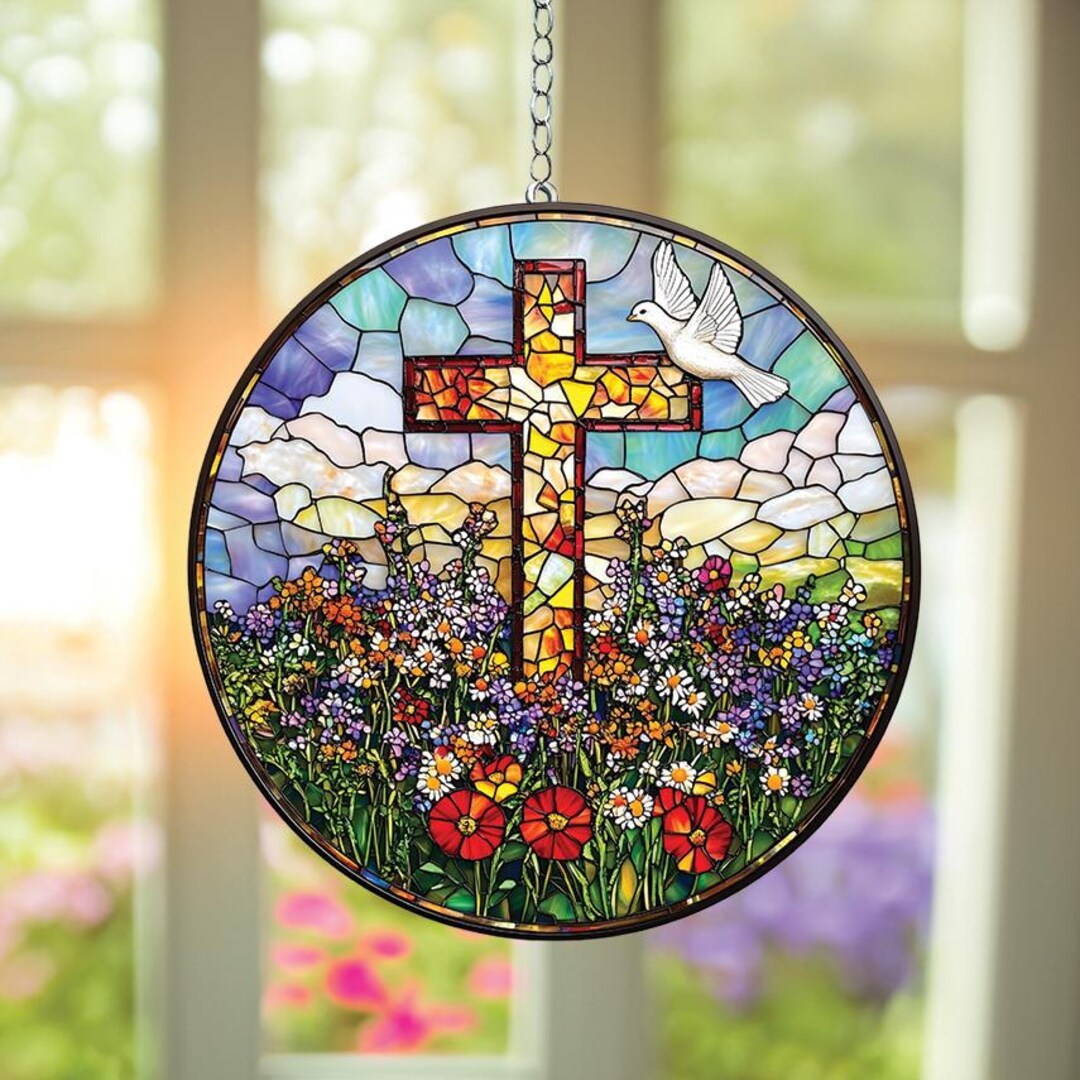 Faux Stained Glass Easter Cross Christian Suncatcher Gift, Religious ...