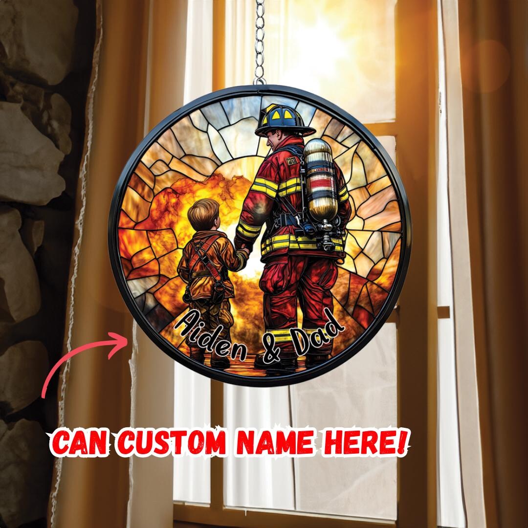 Firefighter Daddy and Child Acrylic Window Hanging, Personalized Faux ...