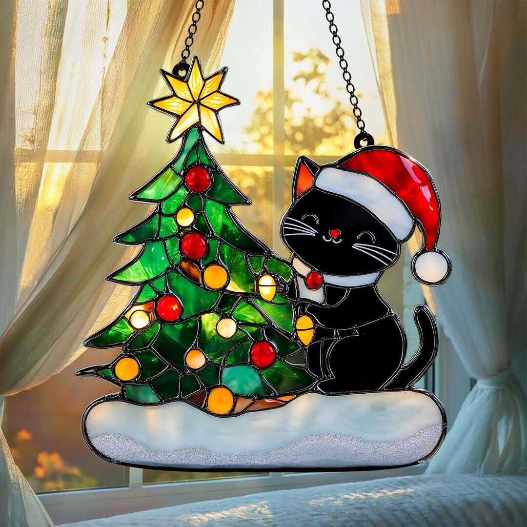 SALE 50% Cat Christmas Tree ACRYLIC SUNCATCHER Cute Black Cat Christmas ...