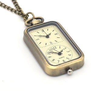 Vintage Look Dual Time Zone Pendant Watch - Brass Necklace, Retro ...