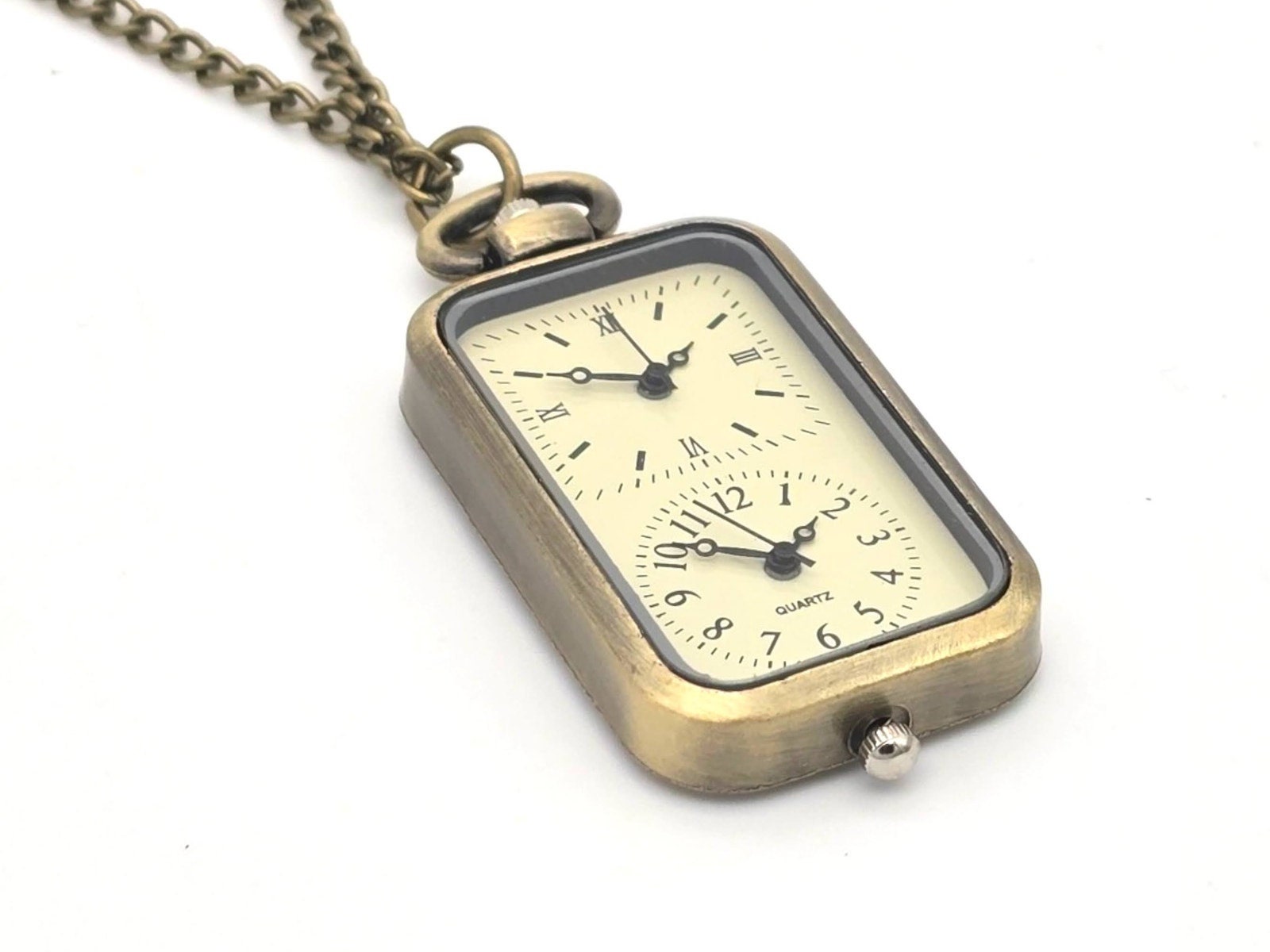 Vintage Look Dual Time Zone Pendant Watch - Brass Necklace, Retro ...