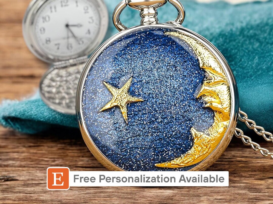 Moon & Star Pocket Watch - Personalized Silver Celestial Necklace Night ...