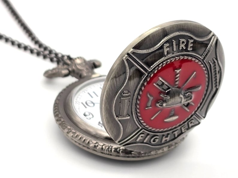 Firefighter Pocket Watch – Vintage-inspired Silver Fireman Gift, Red ...