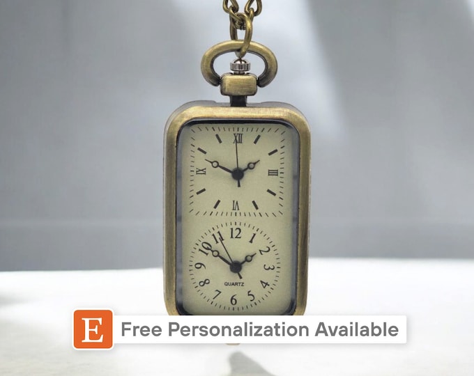 Vintage Look Dual Time Zone Pendant Watch - Brass Necklace, Retro ...