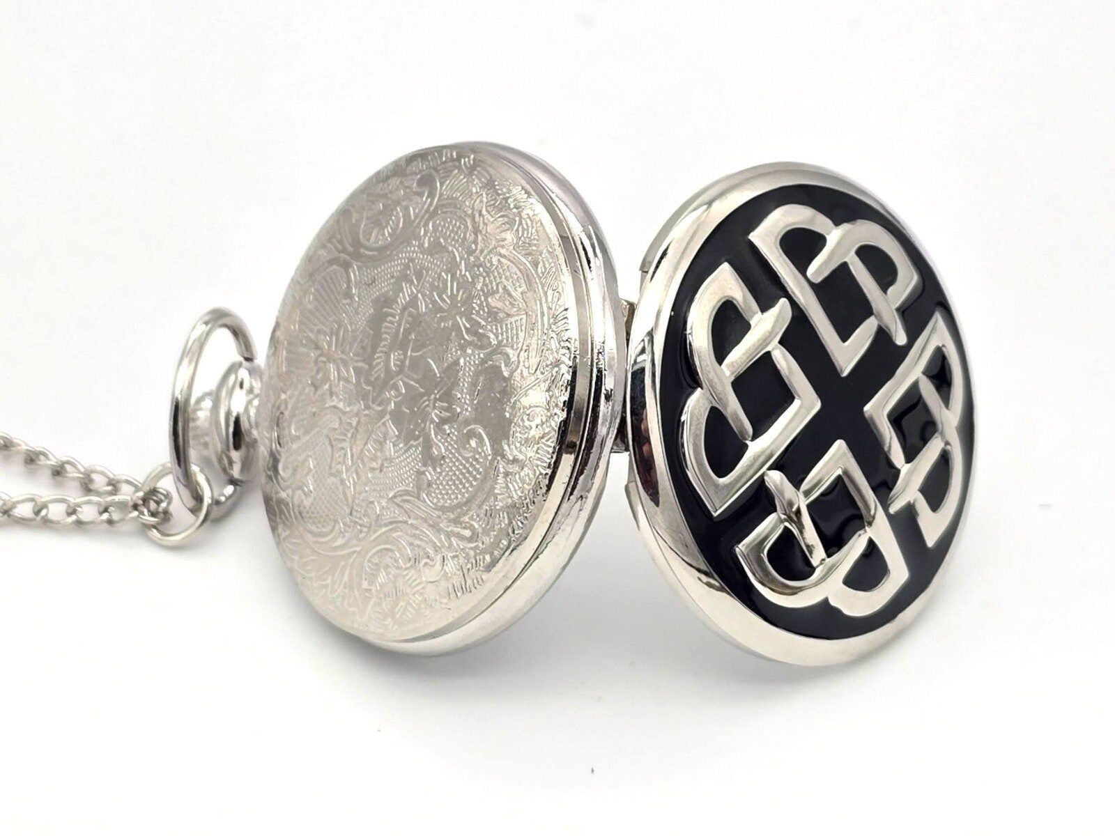 Celtic Knot Pocket Watch Elegant Black Enamel Face With Silver Design ...