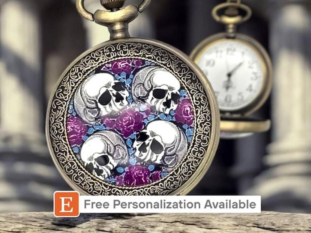 Skull & Roses Pocket Watch - Gothic Purple Floral Skeleton Design ...