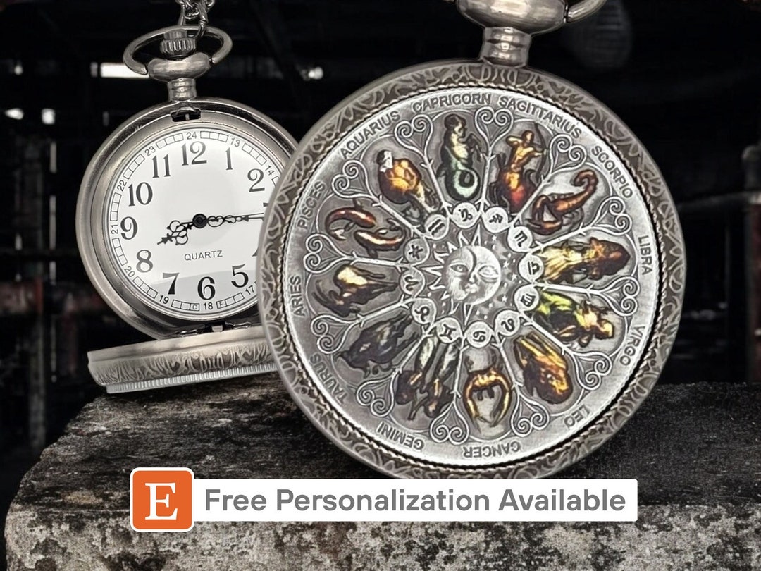 Zodiac Pocket Watch - Astrological Signs Celestial Gift Cosmic Horoscope Mystic Personalized ...