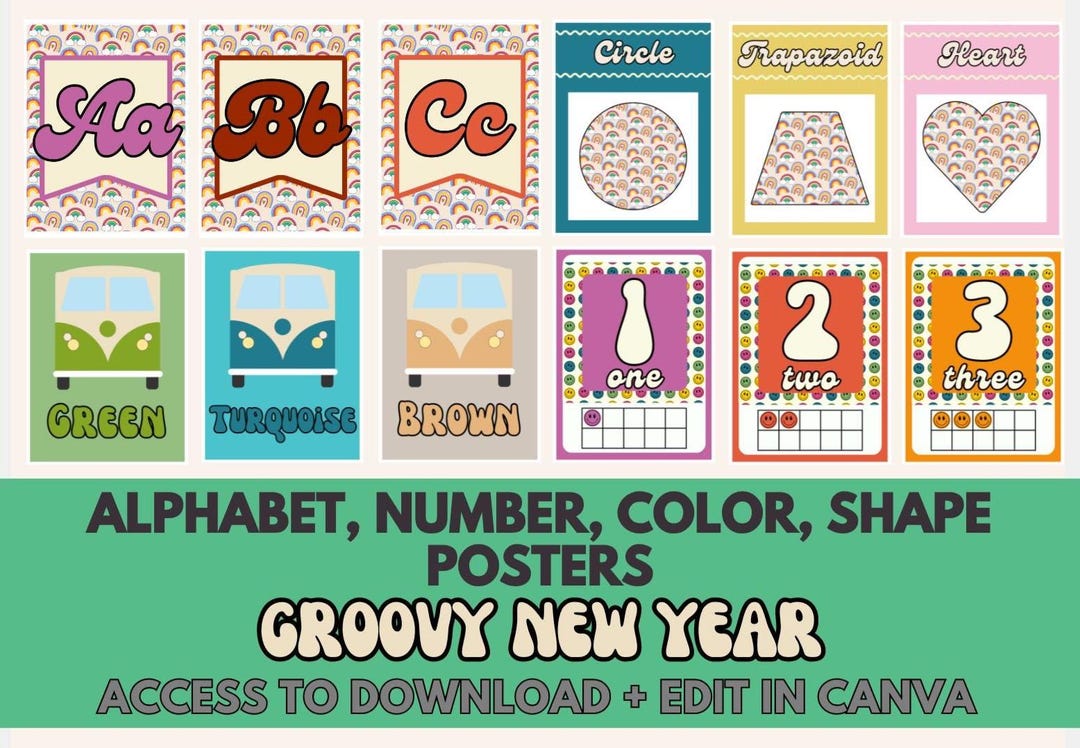 Retro Groovy New Year Classroom Posters, Alphabet, Numbers, Shapes ...
