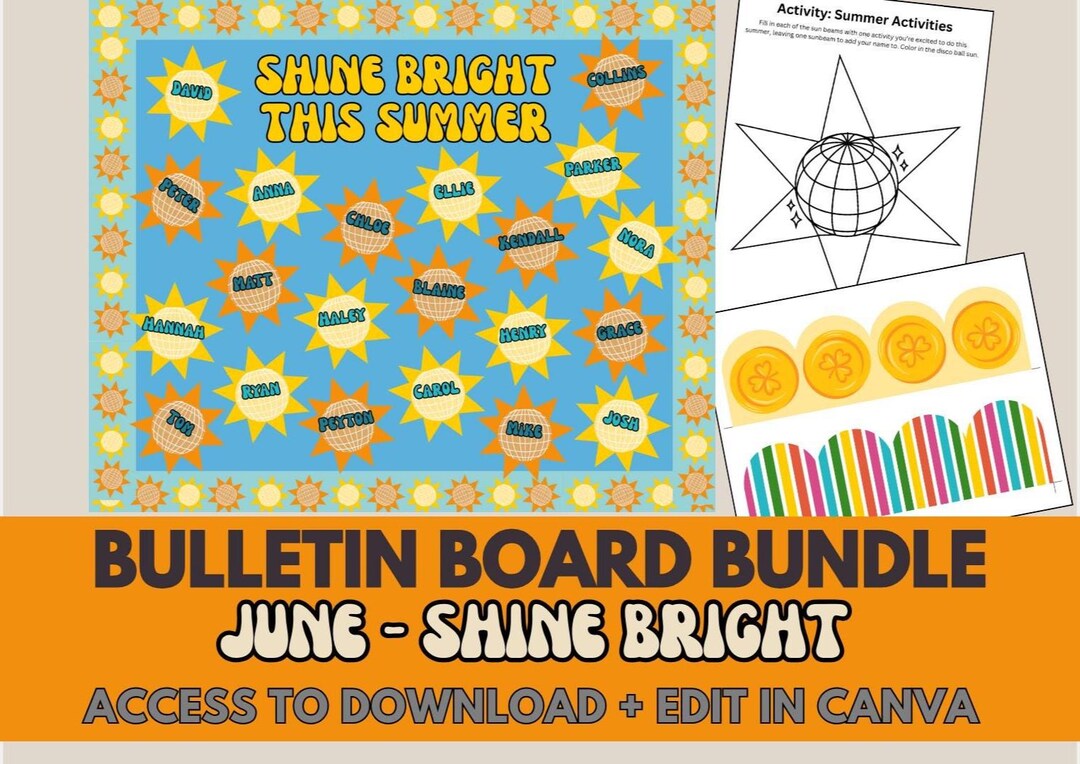 June Shine Bright Summer Bulletin Board | Retro Disco Classroom Decor ...