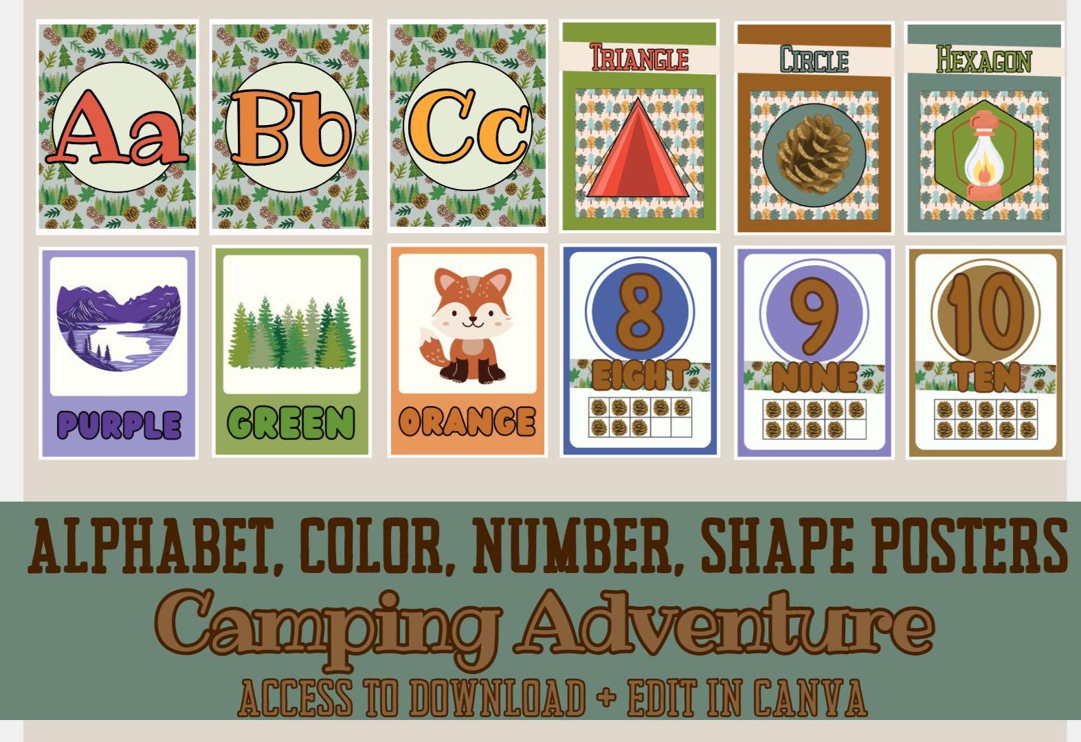 Alphabet, Color, Number, Shape Posters | Camping Adventure Classroom ...