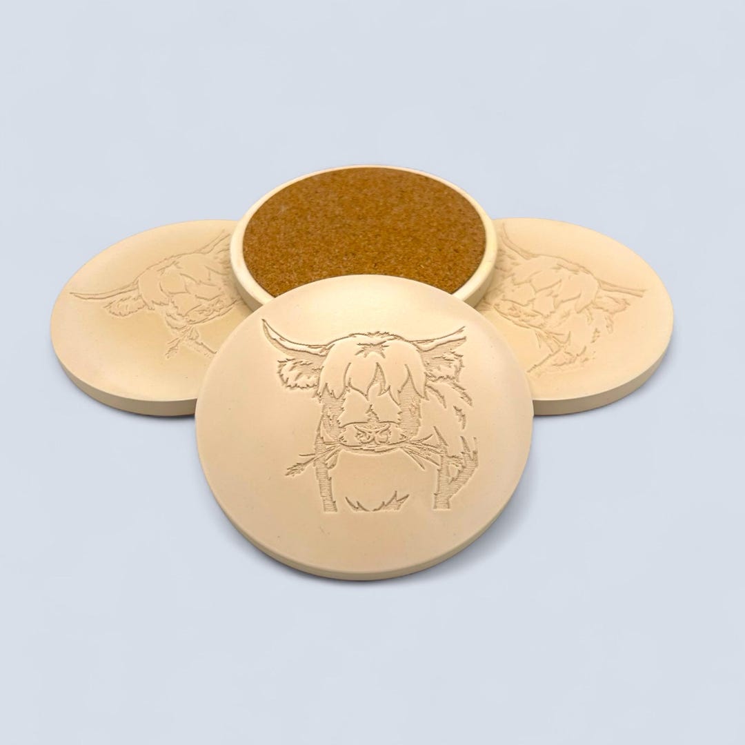 4 Handmade Highland Cow Coasters | Rustic Hairy Coo Decorated Drinks ...