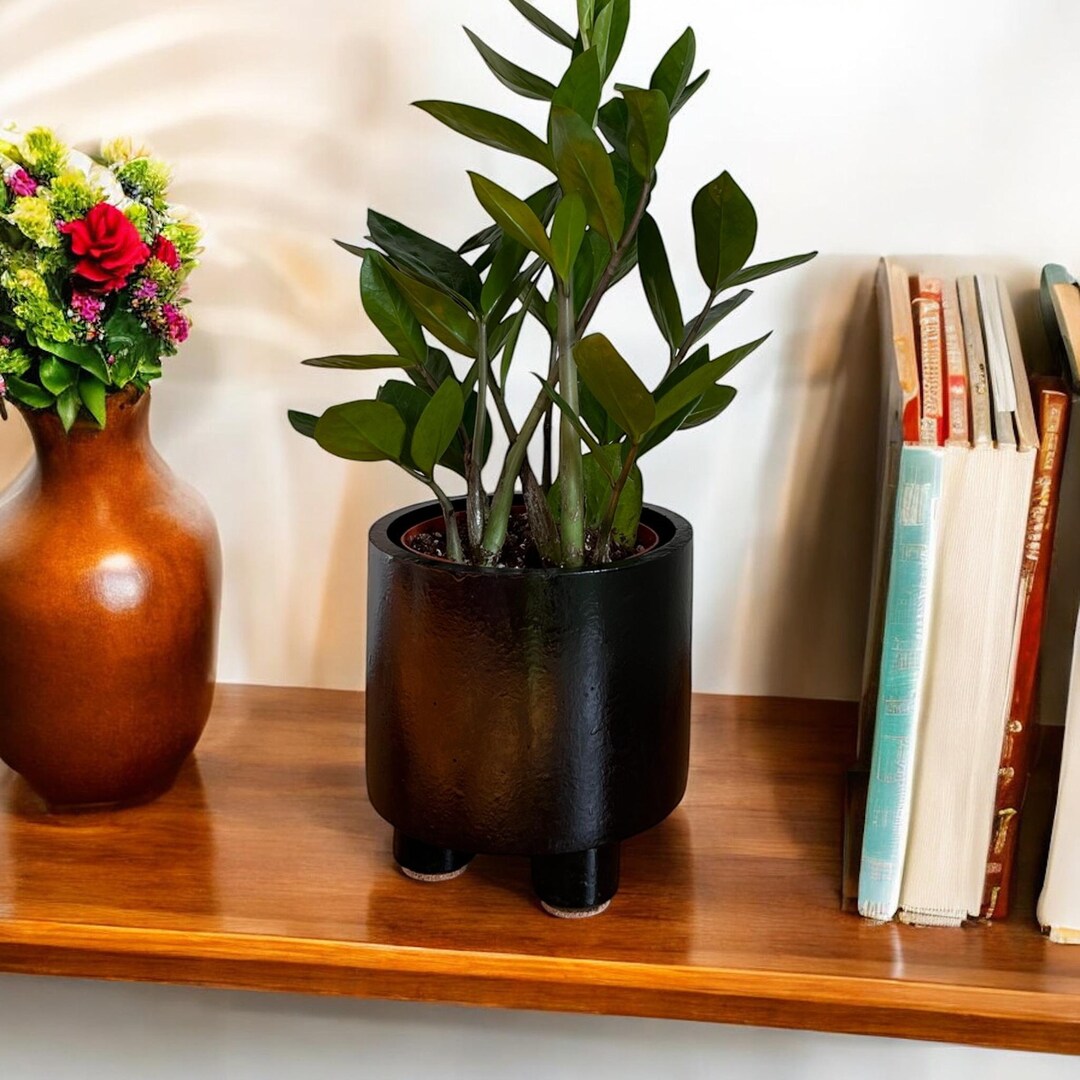 Plant Pot With Feet, Modern Black Planter, Hand-painted Large Cactus or ...