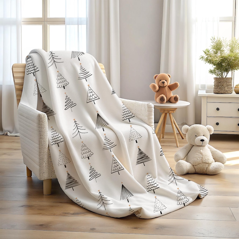 Monochrome Christmas Trees Woven Throw Blanket and Tapestry With Fringe ...