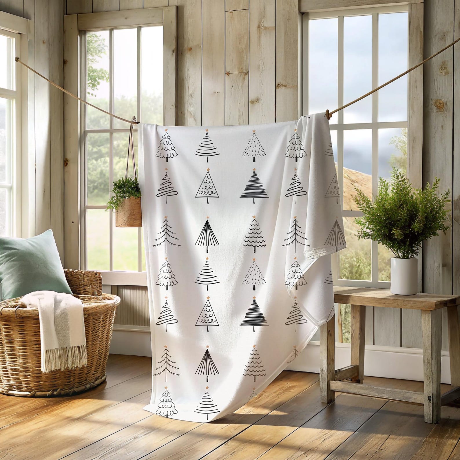 Monochrome Christmas Trees Woven Throw Blanket and Tapestry With Fringe ...