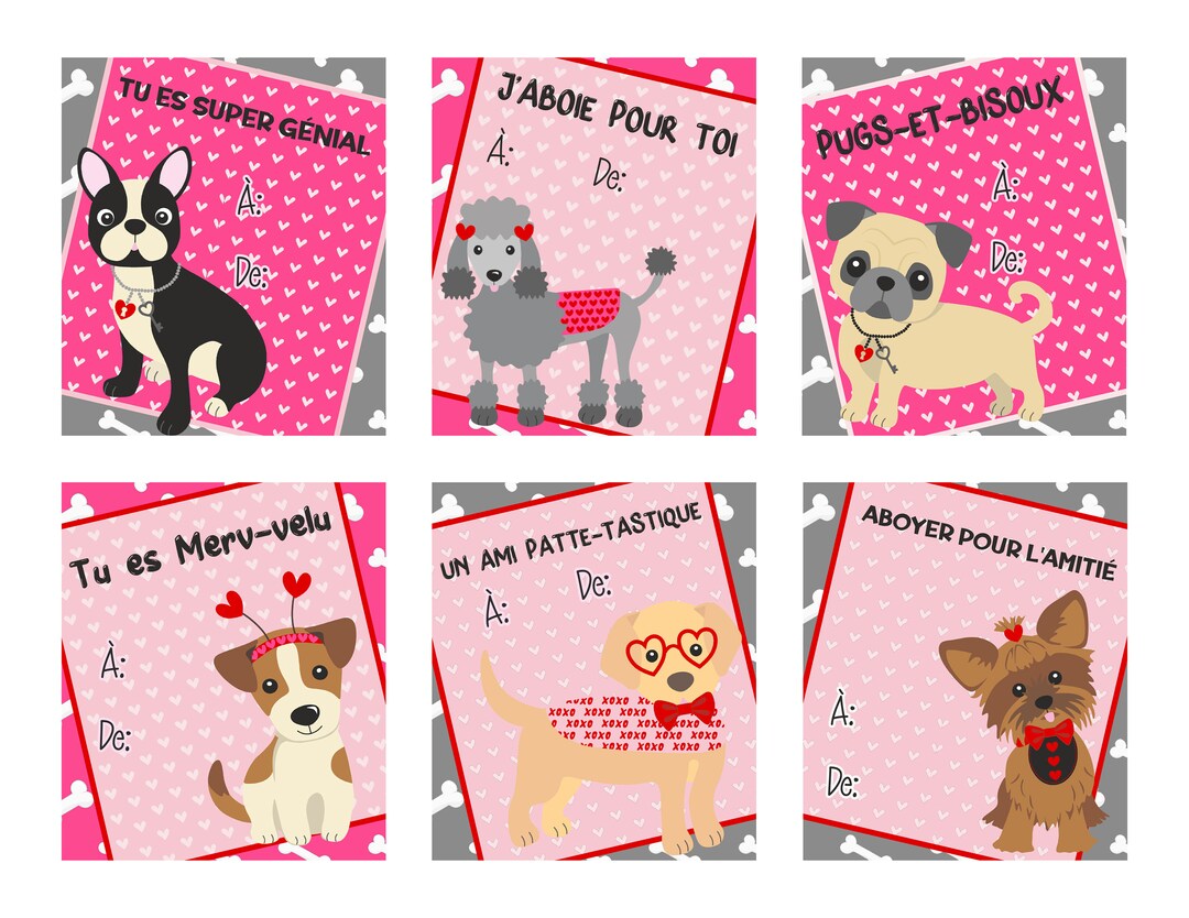 FRENCH Dogs Valentine Set of 6 PRINTABLE ,download, Puppy, Francais ...