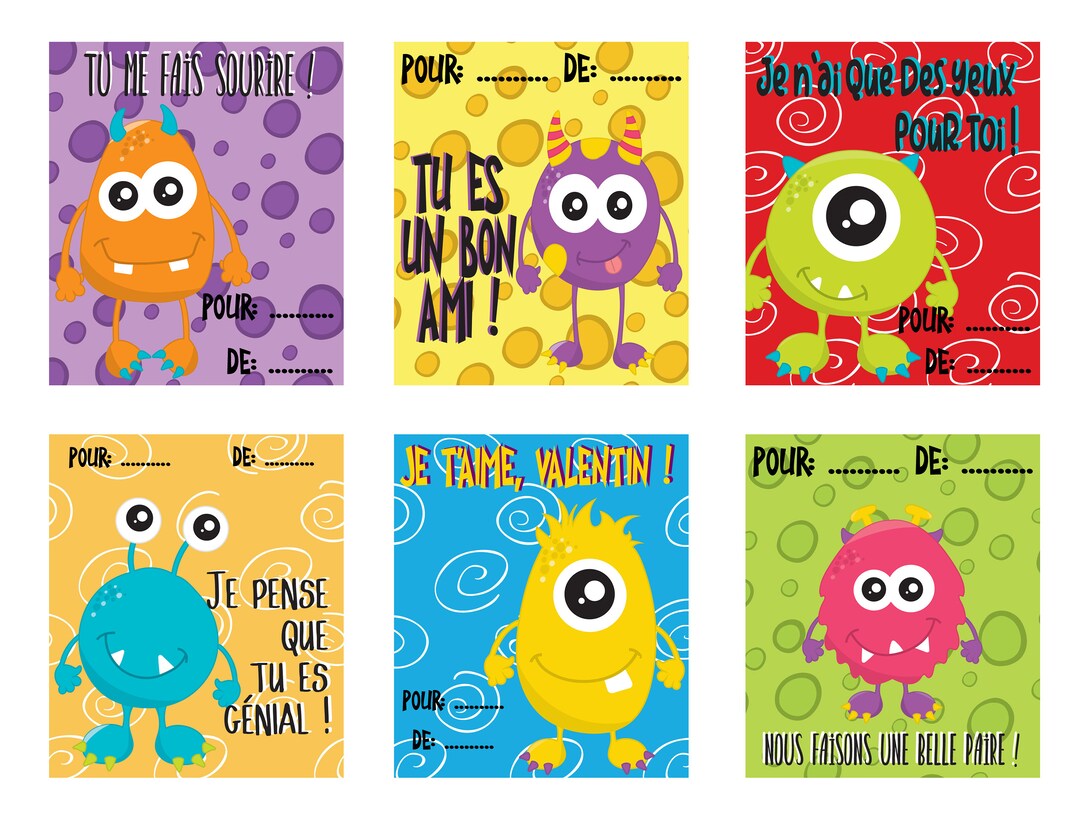FRENCH Monster Valentine Set of 6 PRINTABLE Download, Monstre, Saint ...