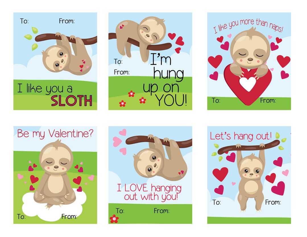 Sloth Valentine Set of 6 Styles English, CHOOSE QUANTITY, Sloths, Cute ...
