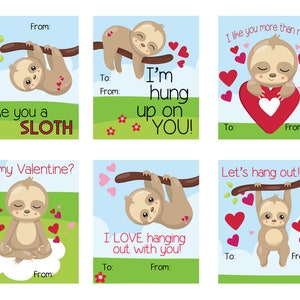 Sloth Valentine Set of 6 Styles English, CHOOSE QUANTITY, Sloths, Cute ...