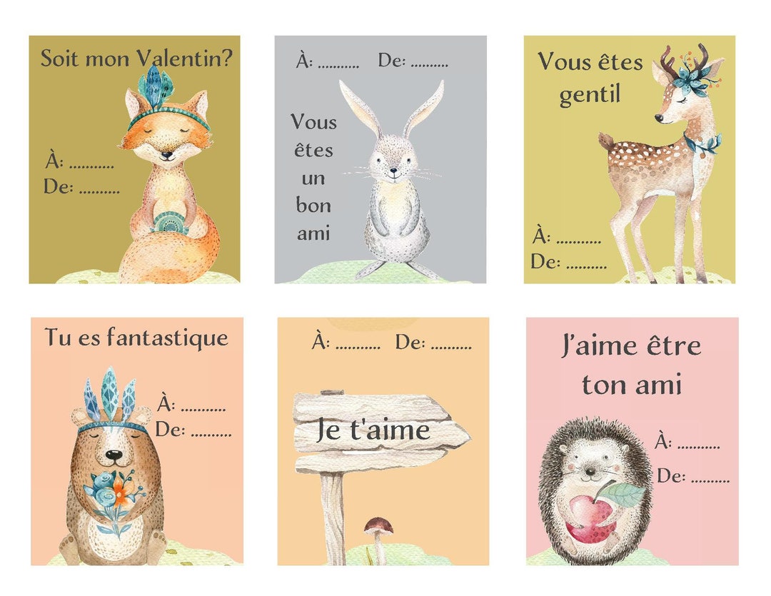 French Valentine Set of 6woodland Animals, Français, Valentin, Kids ...