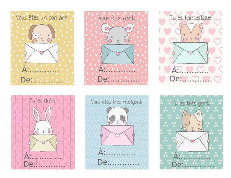 French Valentine Set of 6 PRINTABLE ,download, Animals, Francais ...