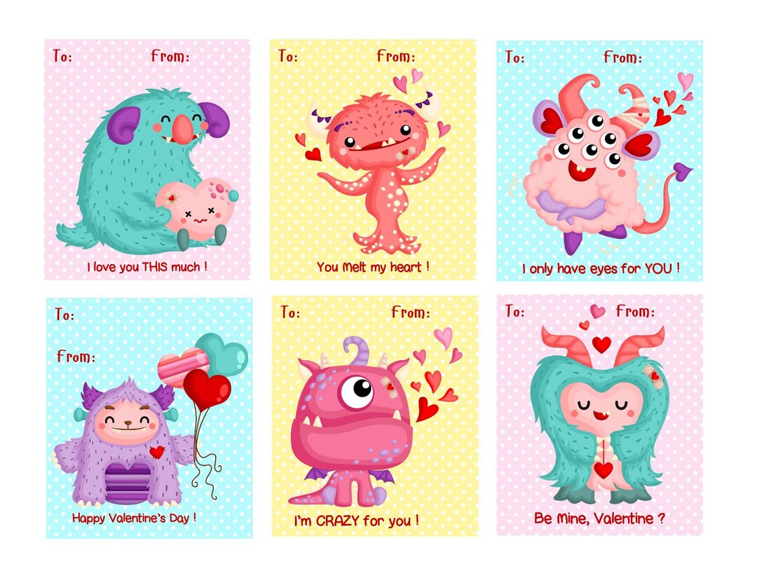 Love Monsters Valentine Set of 6 PRINTABLE Download, English ...