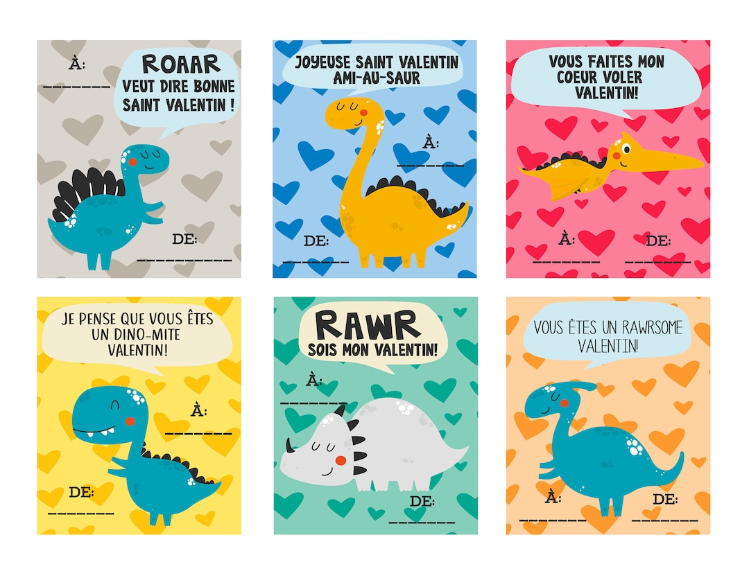 FRENCH Dinosaur Valentine Set of 6 PRINTABLE ,download, Dino, Saint ...