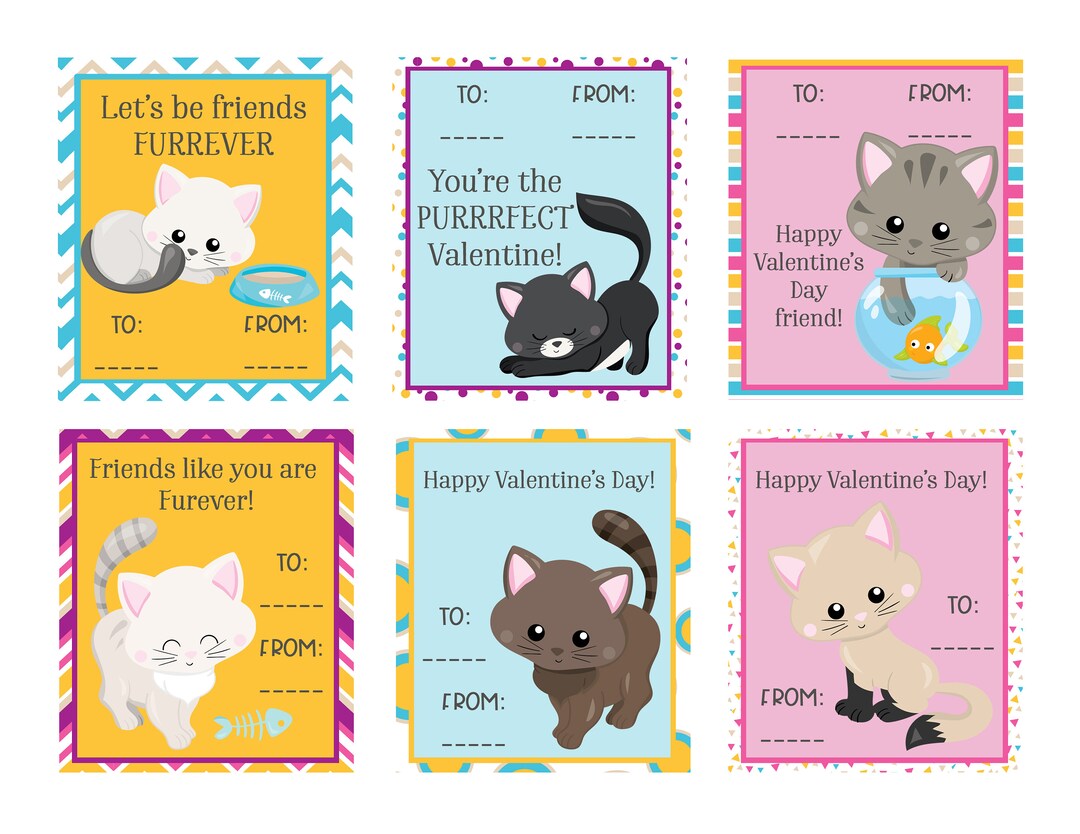 Cat Valentine Set of 6 PRINTABLE ,download, Kitten, English, Valentine ...