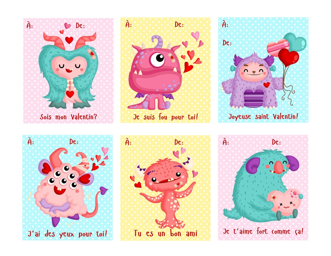 FRENCH Love Monsters Valentine Set of 6 PRINTABLE Download, Monstre ...